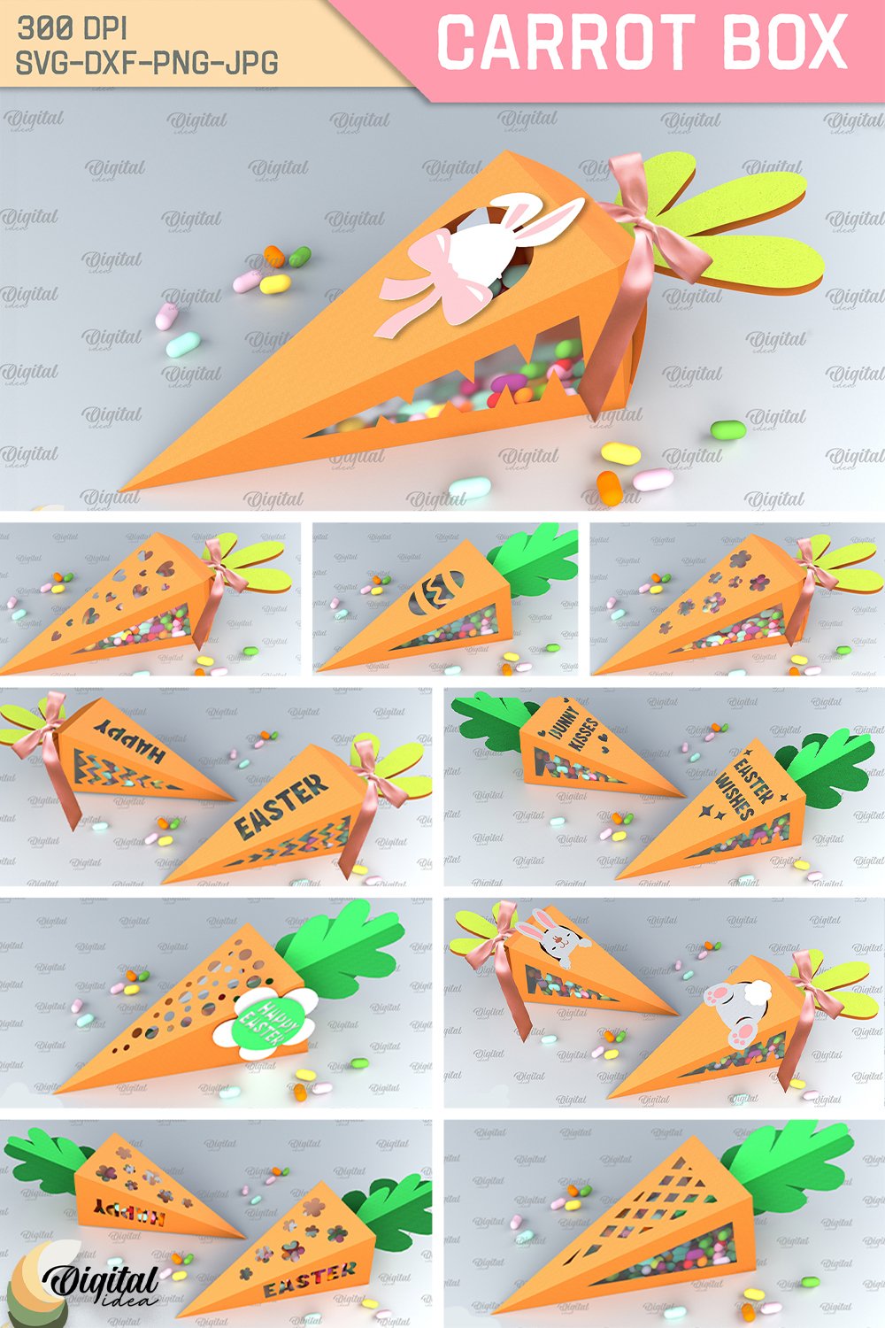 Carrot Boxes SVG Bundle. 3D Easter Gift Boxes Paper Cut