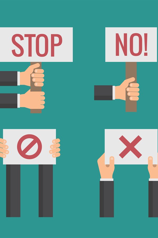 Hands holding No, Stop, Cross, Forbid protest signs. Vector