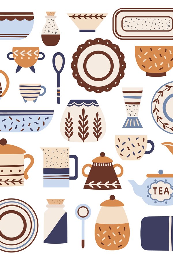 Kitchen crockery. Ceramic cookware, porcelain cups and glass