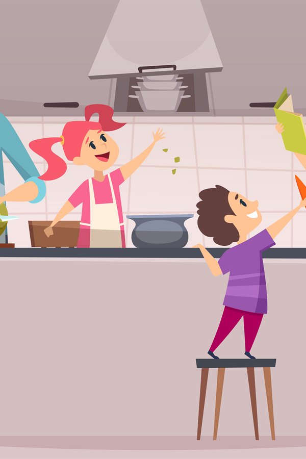 Family kitchen. Kids boys and girls helping preparing food t