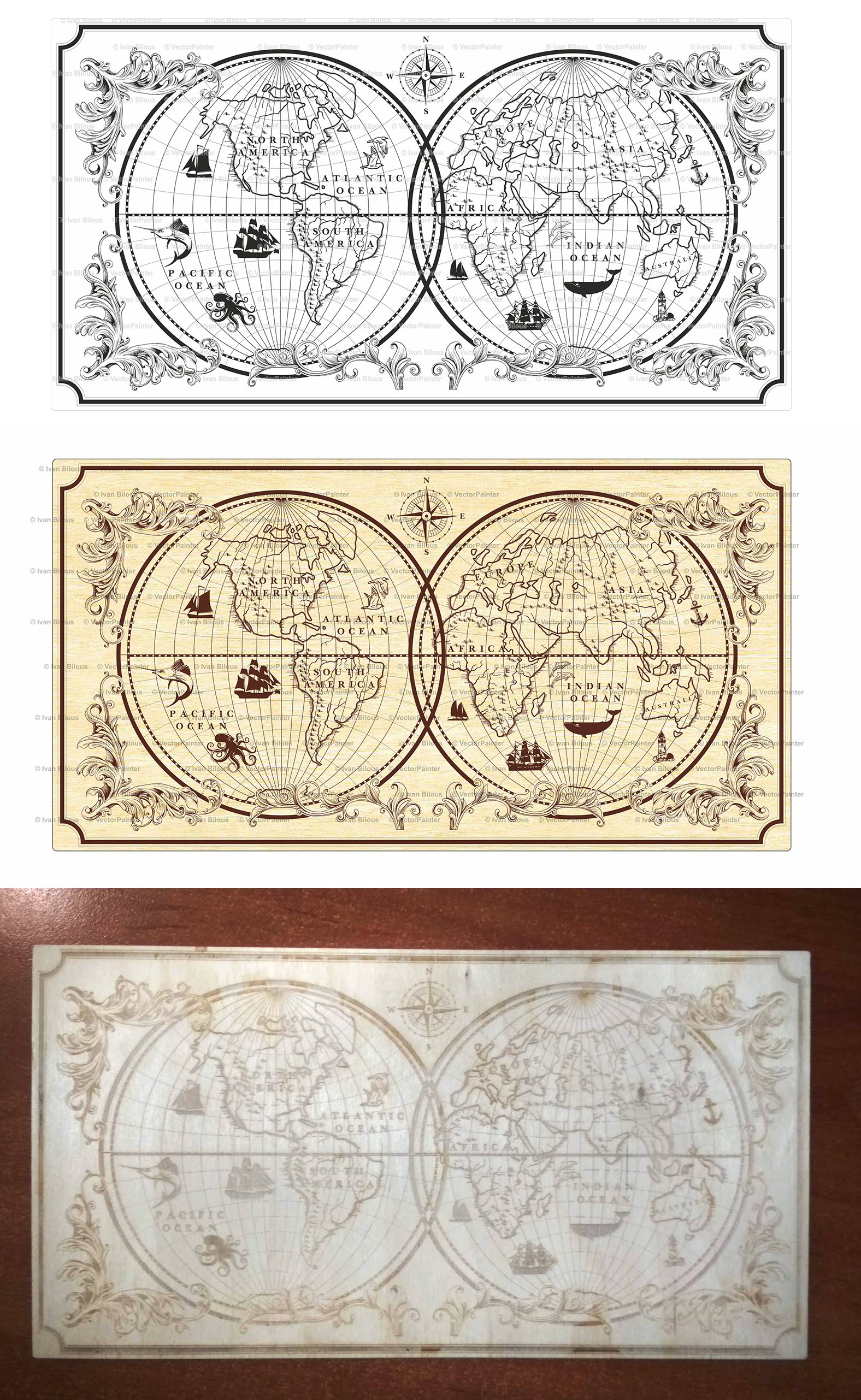 Vintage World map - laser engraving vector file