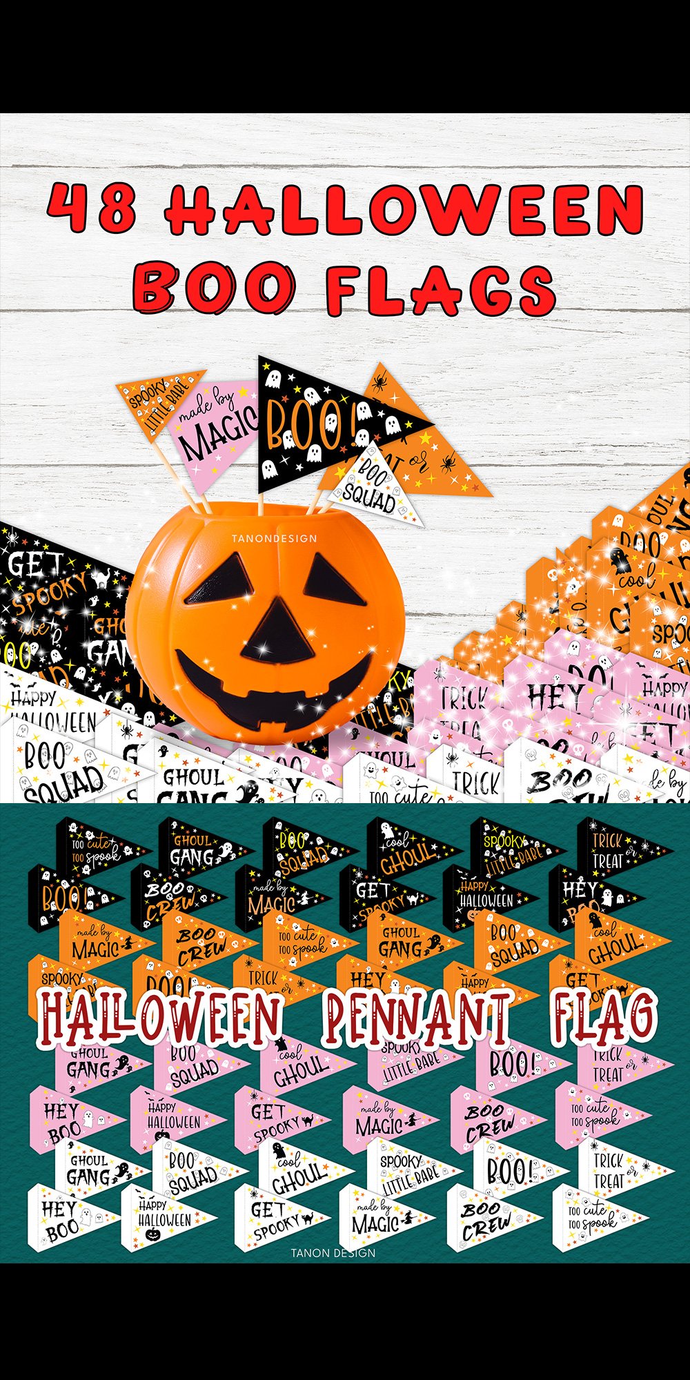 48 Halloween Pennant Flag , Boo flag, Boo basket, printables