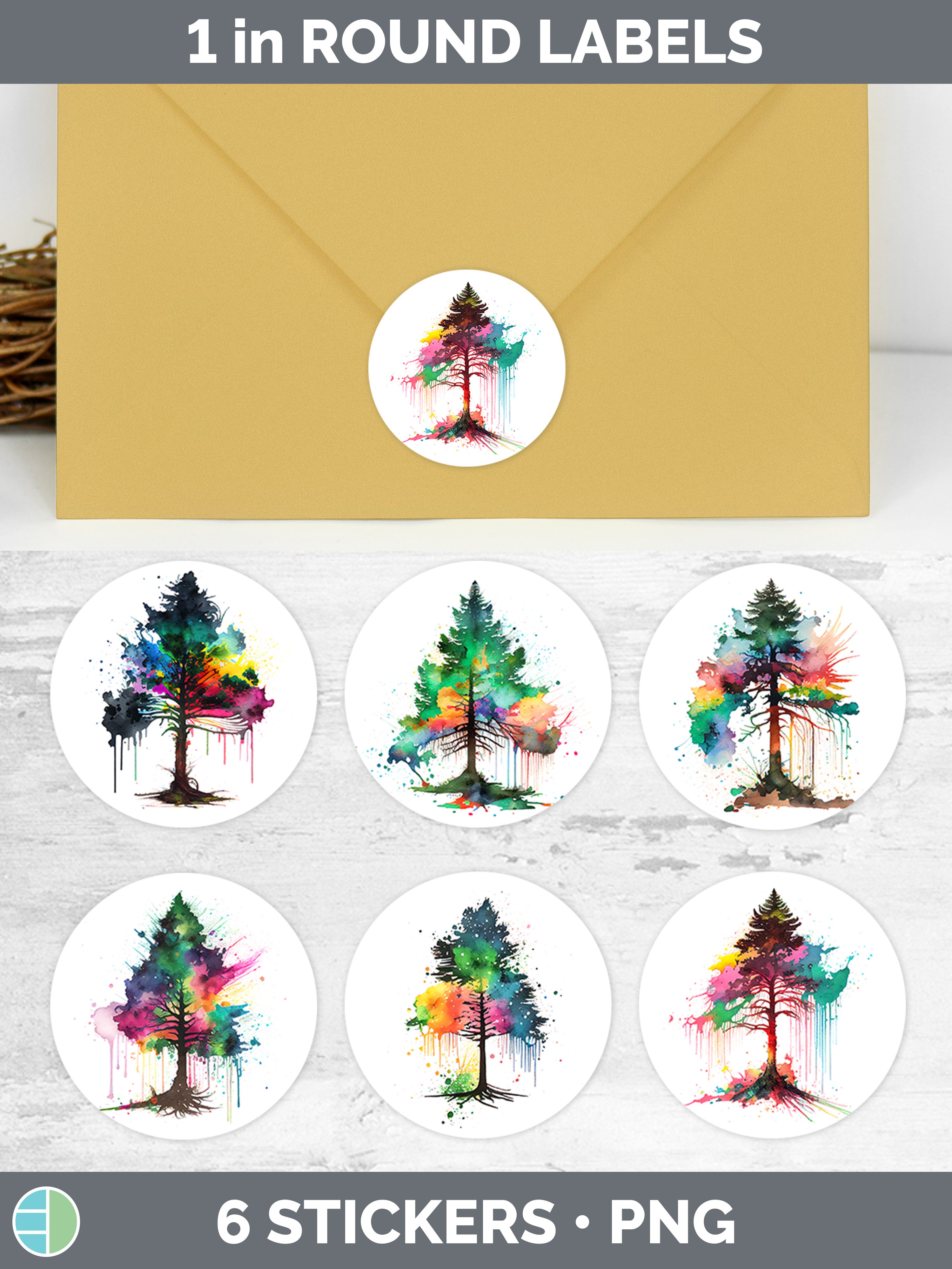Rainbow Pine Trees Stickers | Round Labels Designs Bundle