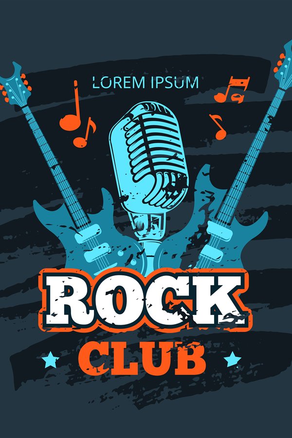 Vector retro rock guitar and microphone music club vector lo