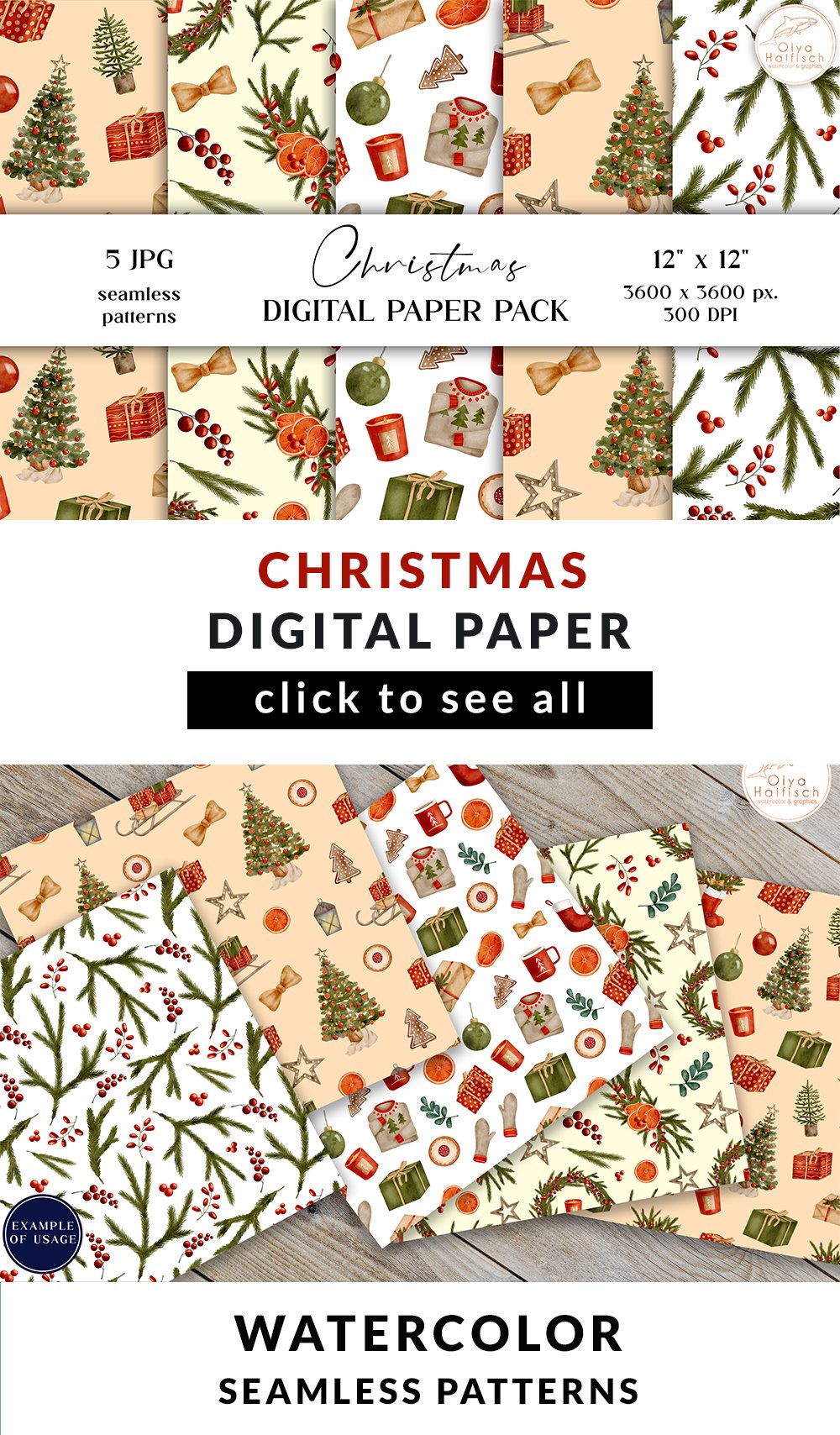 Christmas Digital Paper. Watercolor Winter Seamless Patterns
