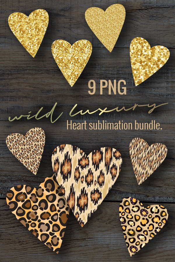 Wild luxore hearts. 9 Sublimation hearts set. Safari Texture