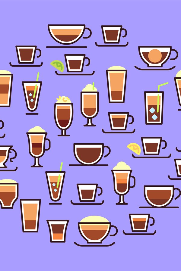 Types of coffee. Hot drinks in glass cups with milk. Espress