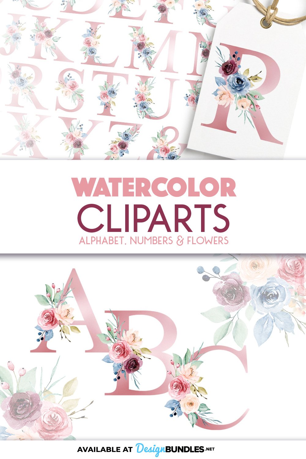 Alphabet with watercolor flowers, letters, (1178072)