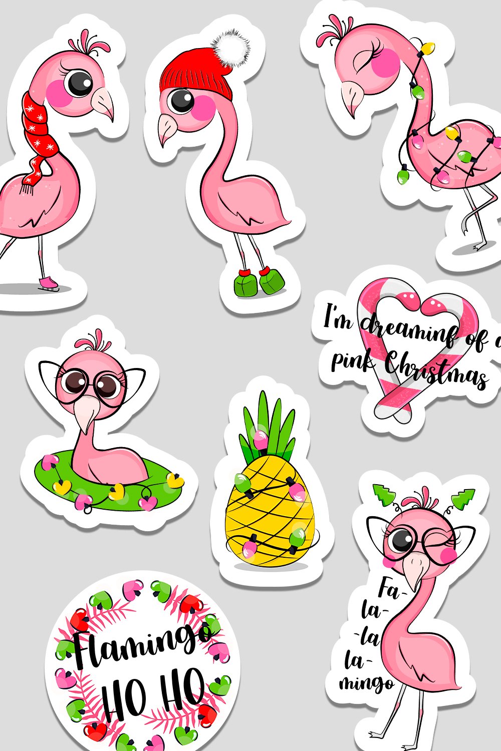 Flamingo Christmas printable stickers. PNG, JPG.