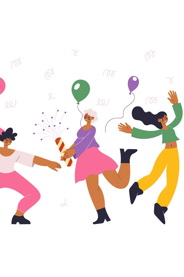 Happy dancing celebrating birthday party holiday people. Dan