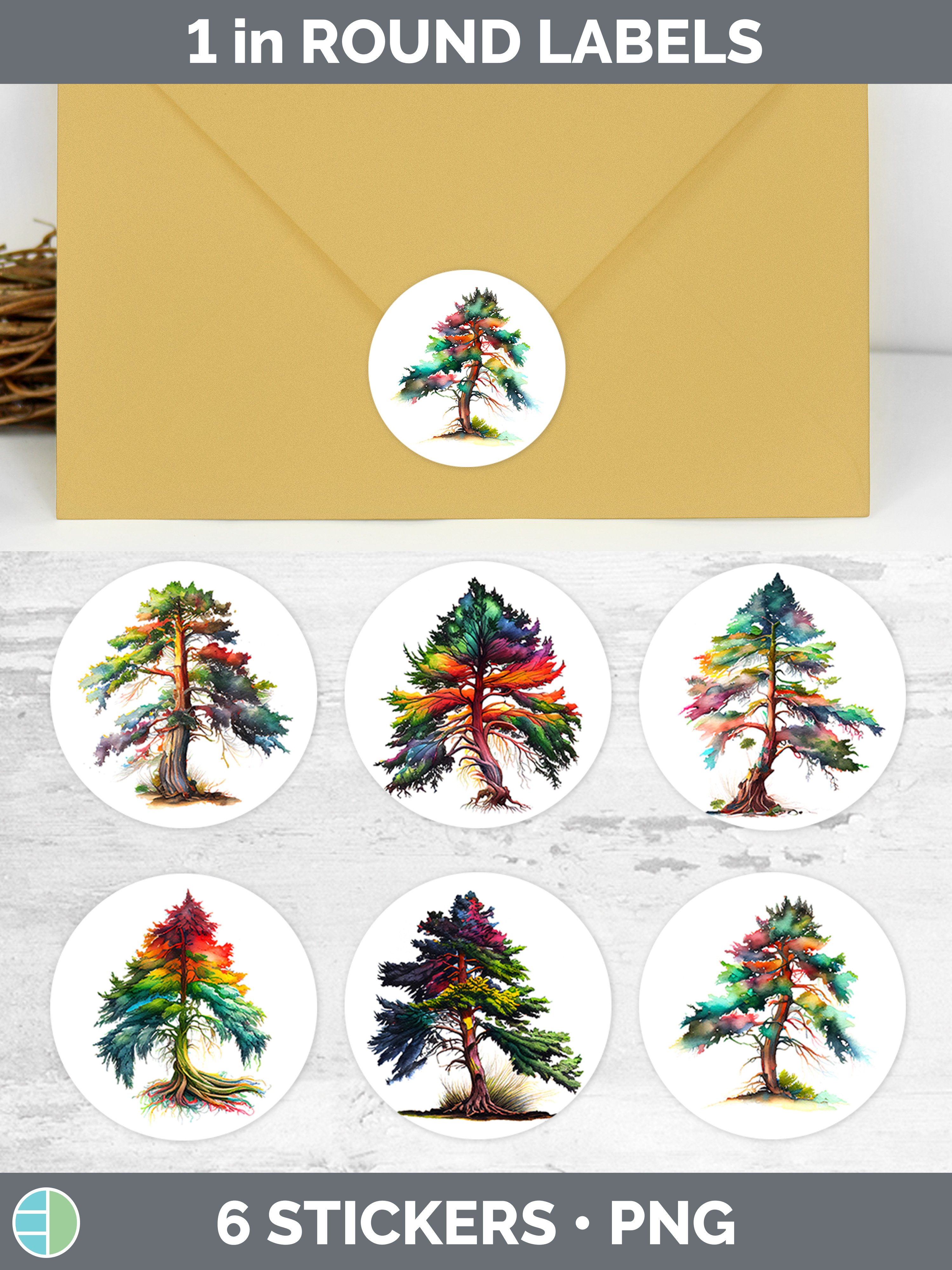 Rainbow Cedar Trees Stickers | Round Labels Designs Bundle