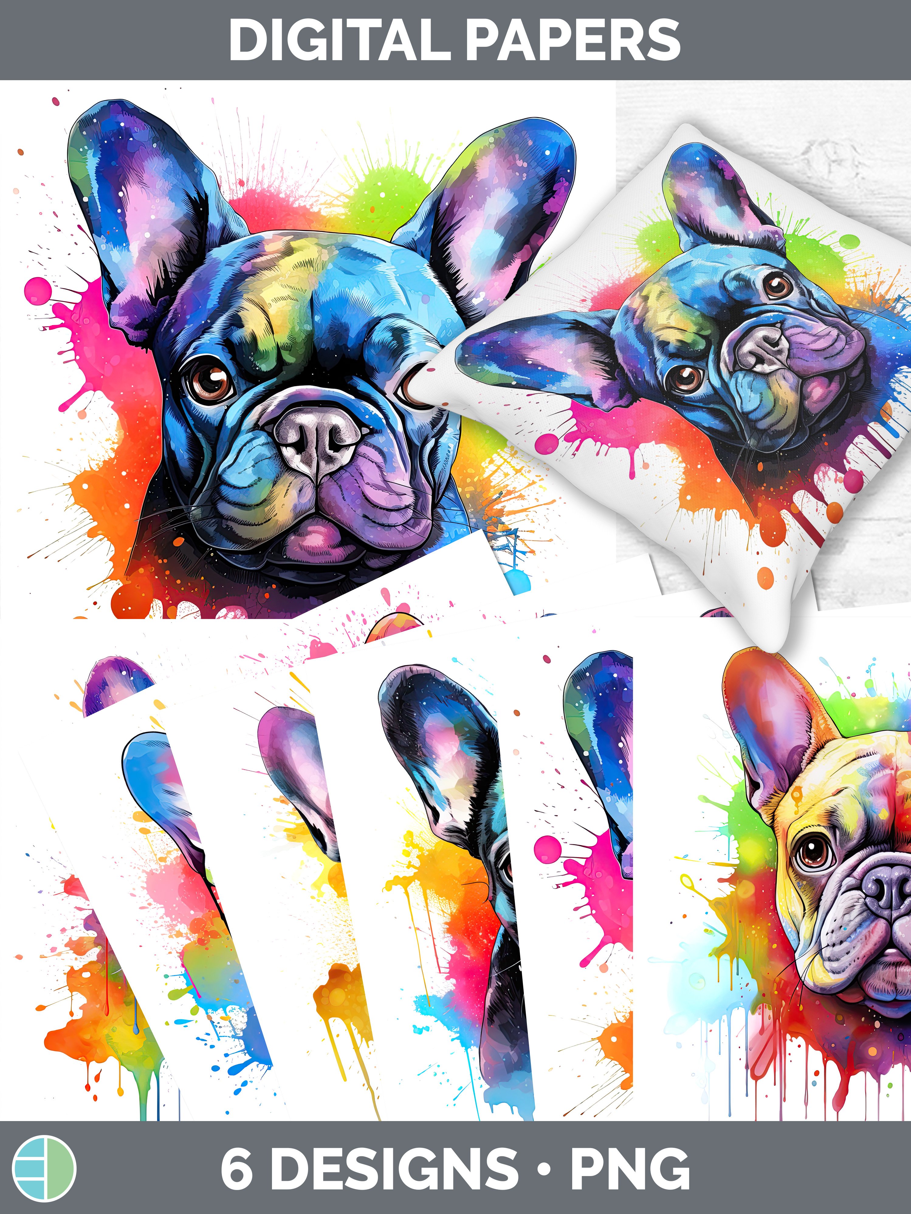 Splat Rainbow French Bulldog Paper Backgrounds | Digital Scr