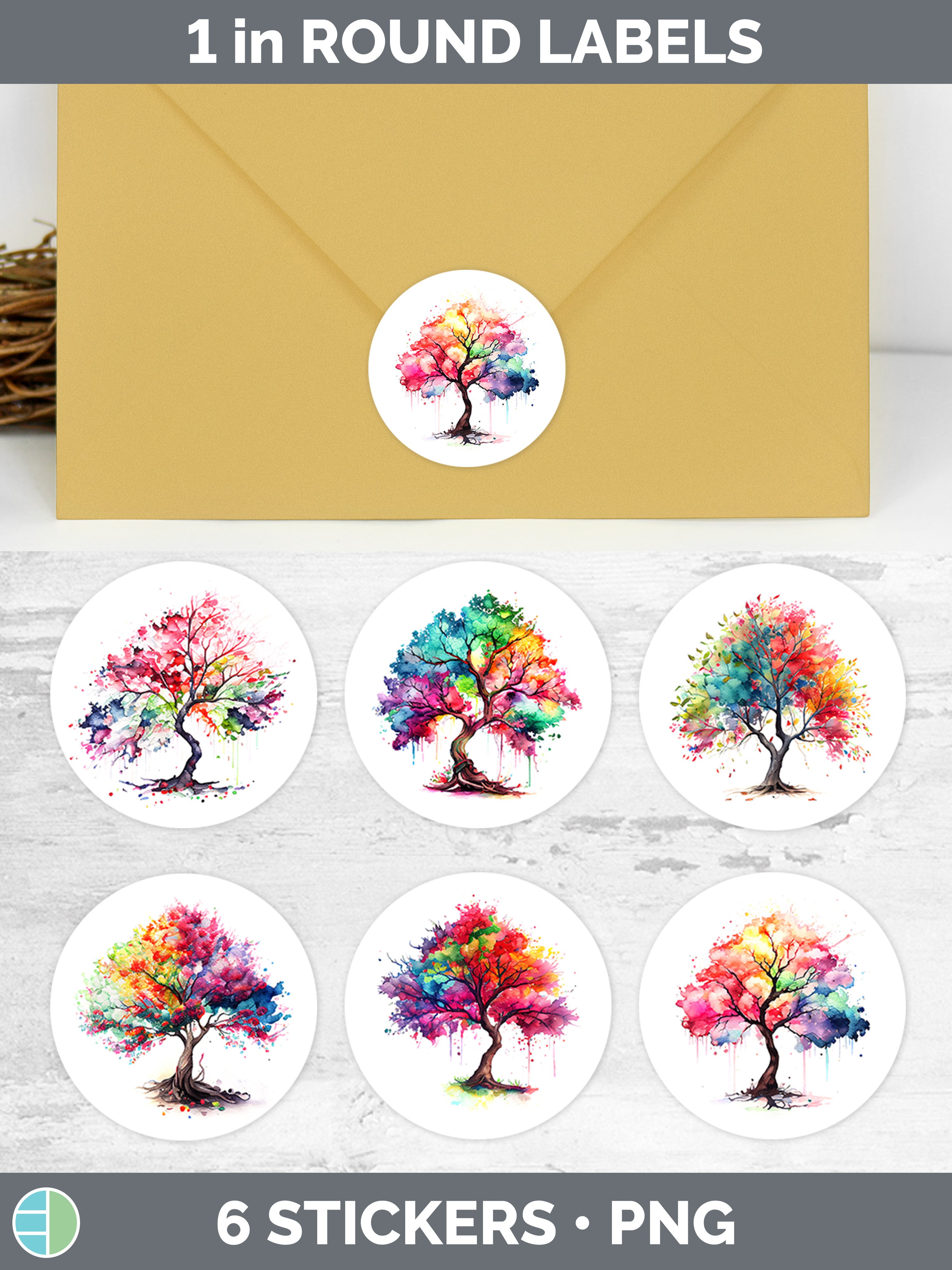 Rainbow Cherry Trees Stickers | Round Labels Designs Bundle