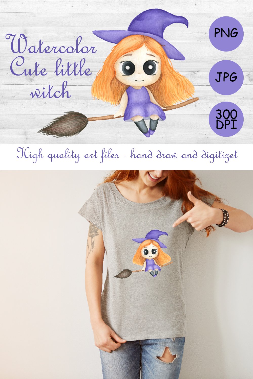 Watercolor cute girl.Little witch.Halloween sublimation