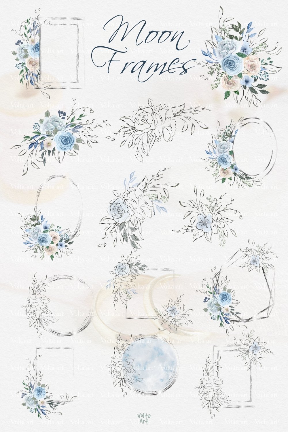 Silver Geometric Frame Bundle, Hand painted Blue flowers