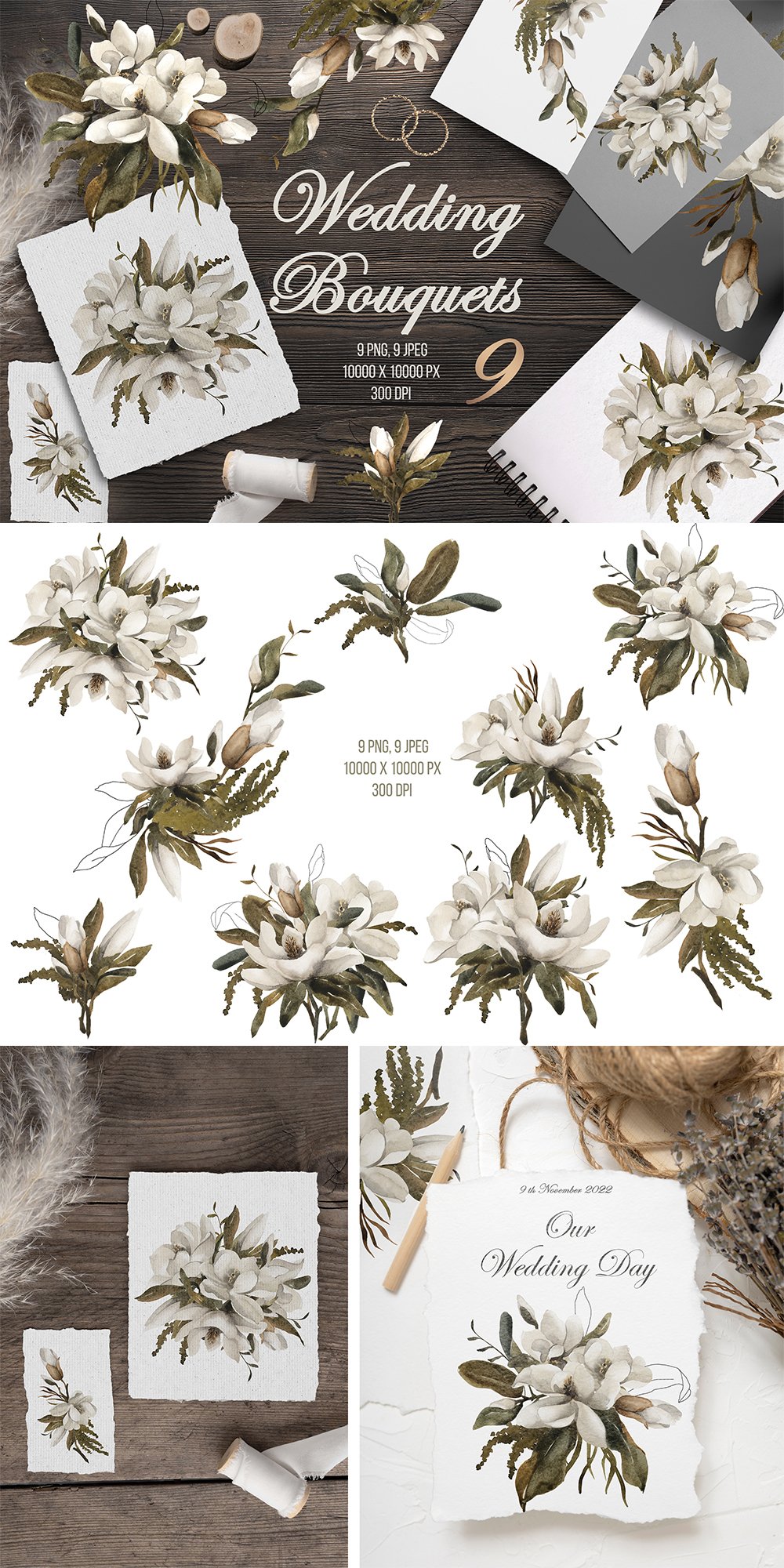 Watercolor Magnolia Flower Bouquets. Wedding Sublimation PNG