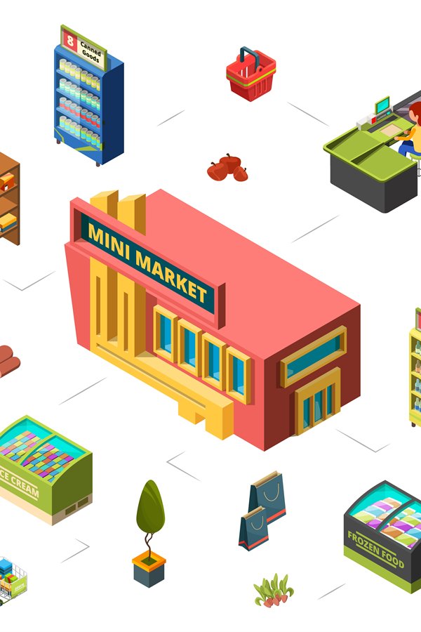 Mini market concept. Grocery store isometric vector illustra