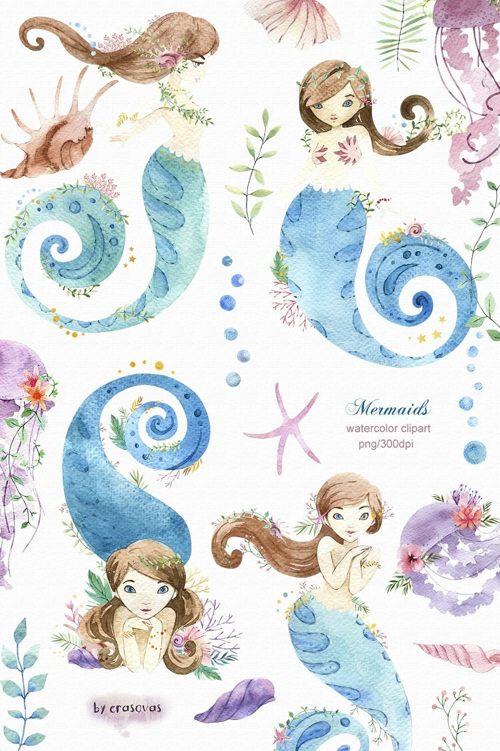Mermaid watercolor clipart / 19 PNG elements