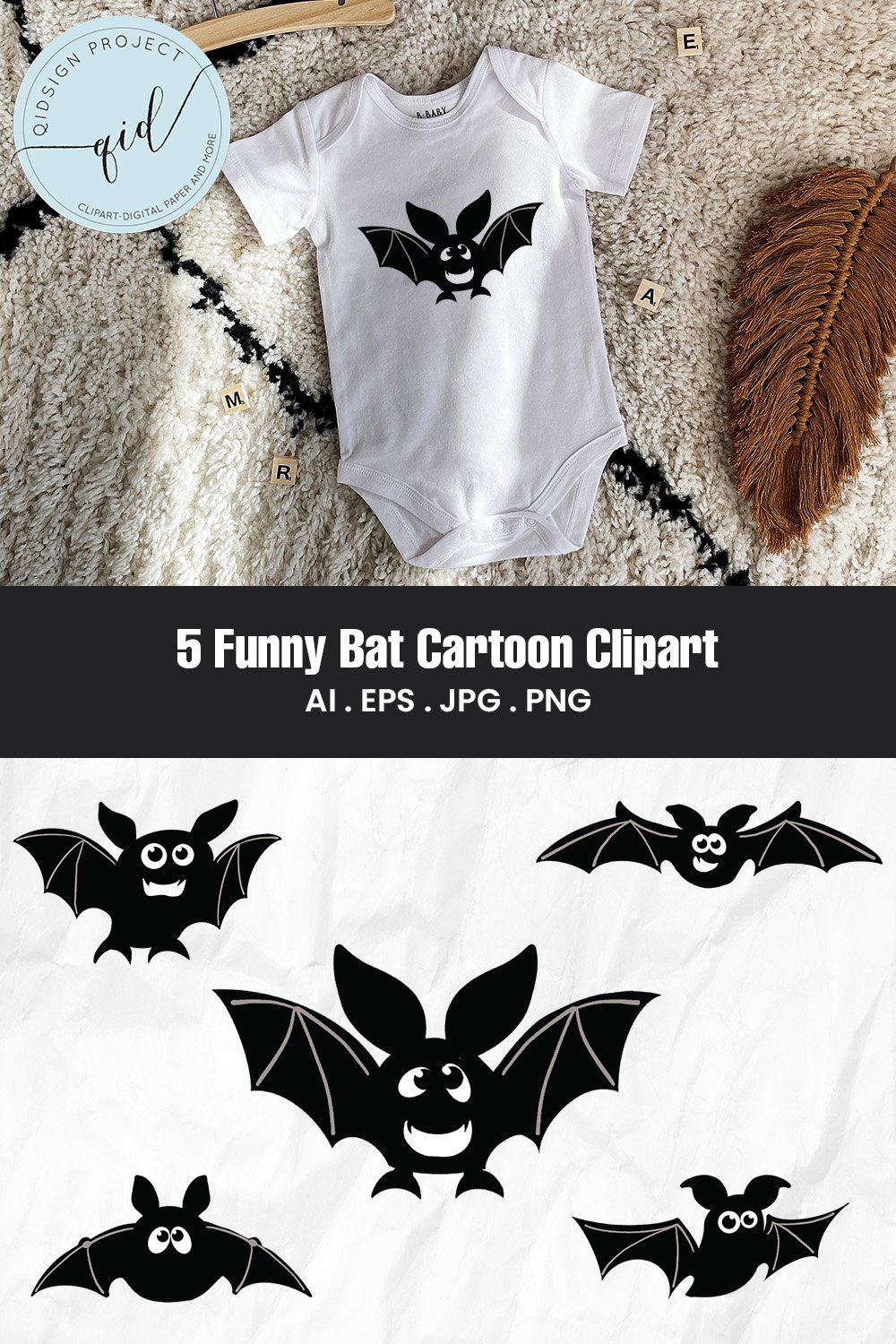 Funny Bat Cartoon Clipart, 5 Variations