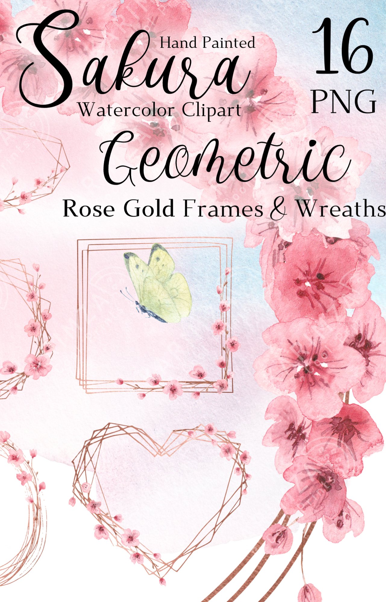 Rose gold square frame clipart, Floral wreath clipart