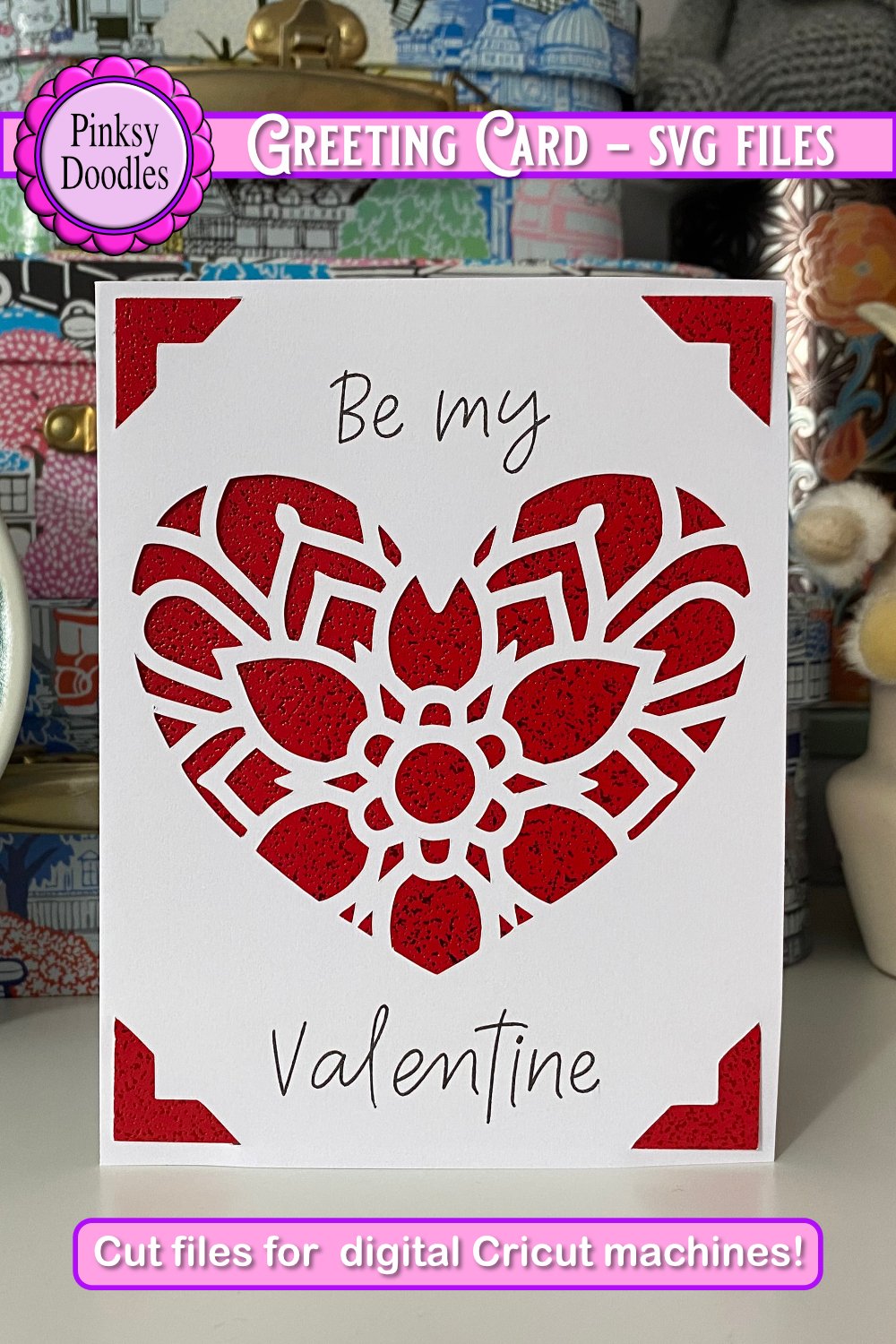 Valentine with floral heart paper cut & draw card svg