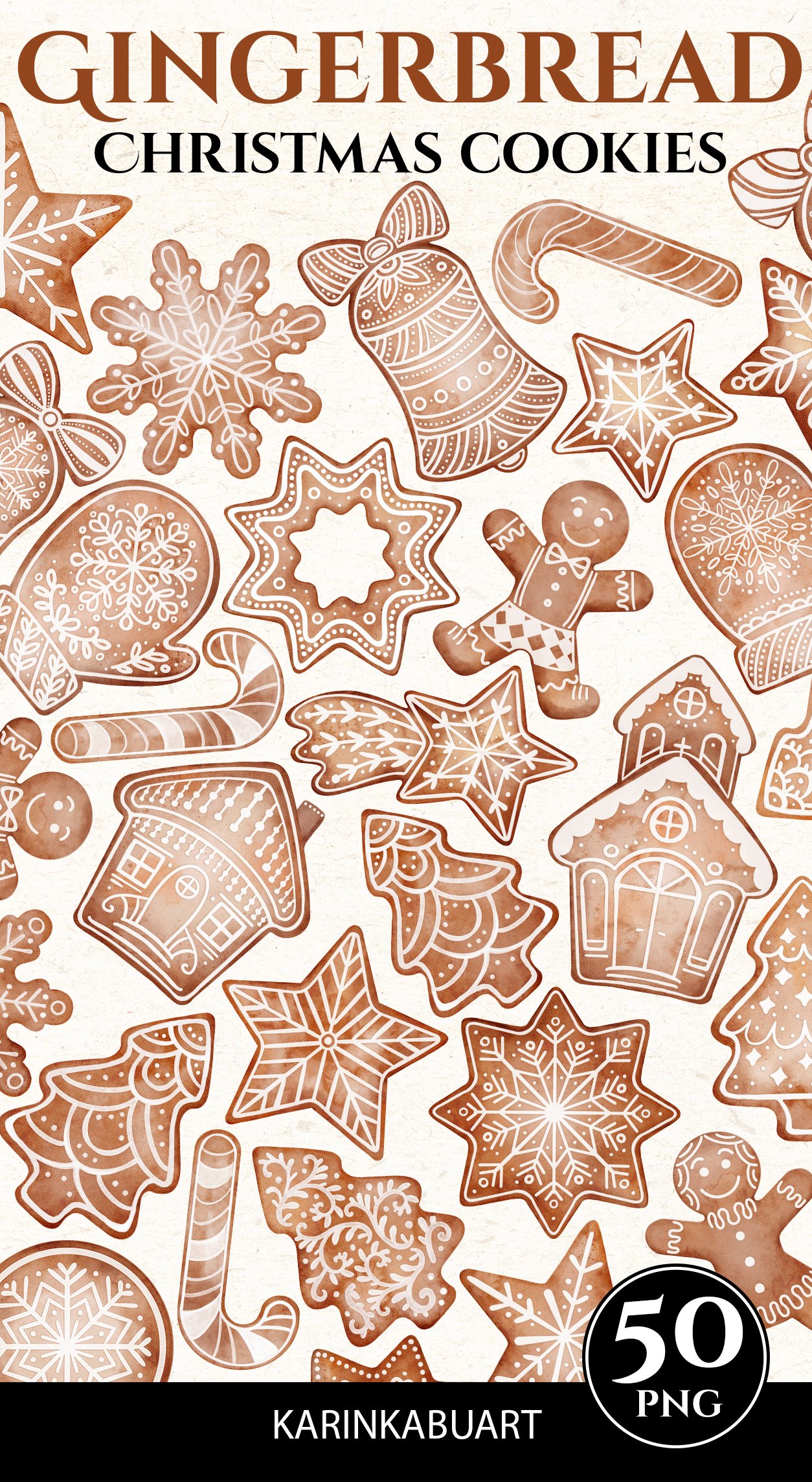 50 Watercolor Christmas Gingerbread cookies Clipart set