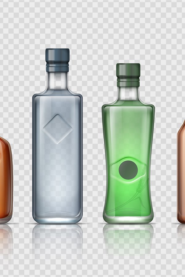 Realistic alcohol bottles. Transparent glass containers for