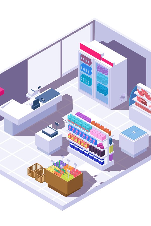 Isometric supermarket interior. 3d grocery store with food p