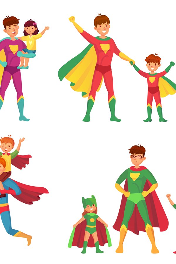 Cartoon father superhero. Happy fathers day, super parent wi