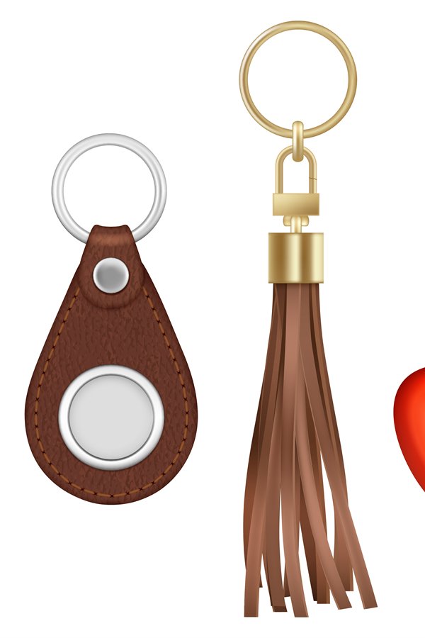 Trinket realistic. Different shapes and textures of keychain