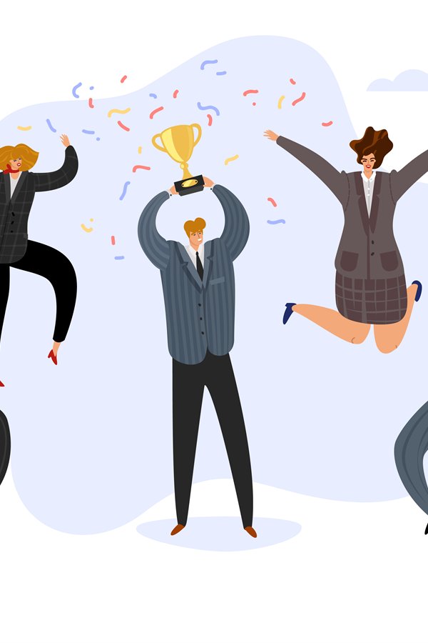 Celebrating team. Businessman holding prize winning trophy c