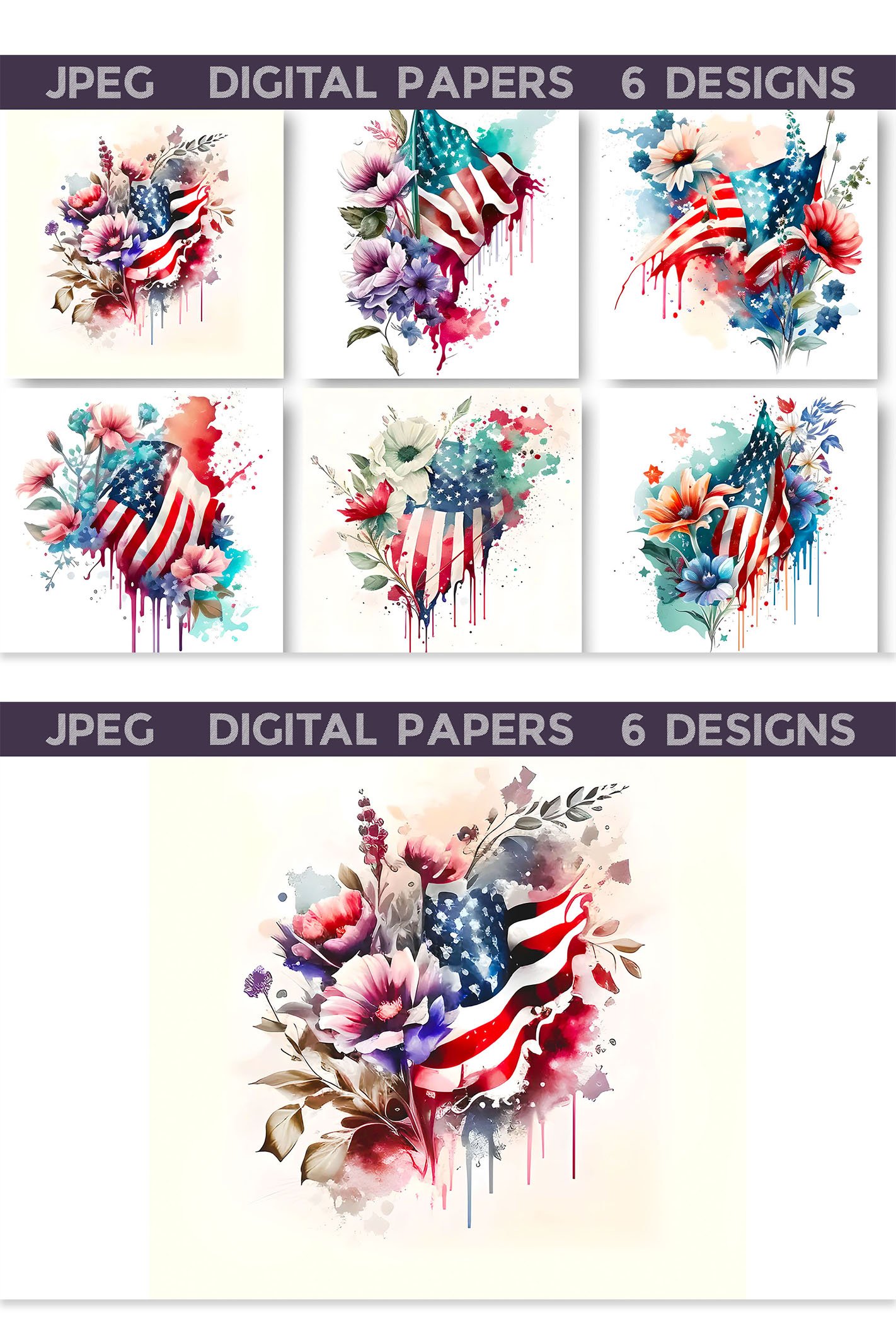 American Flag With Flowers Digital Papers | Patriotic Floral