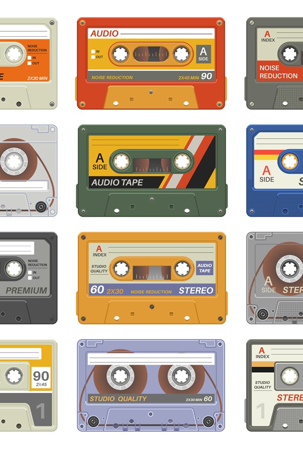 Retro cassettes. Colorful plastic audio cassette vintage med
