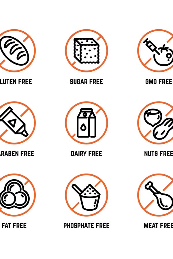Food ingredient warning vector icons. Phosphate free, withou