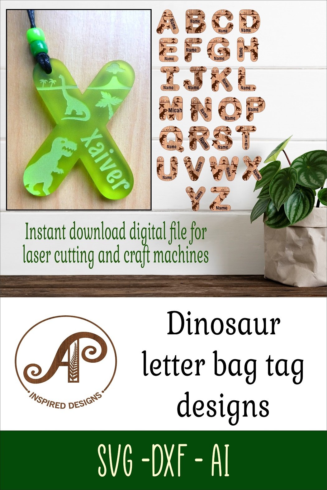 Dinosaur theme tag letter designs keychain DIGITAL SVG
