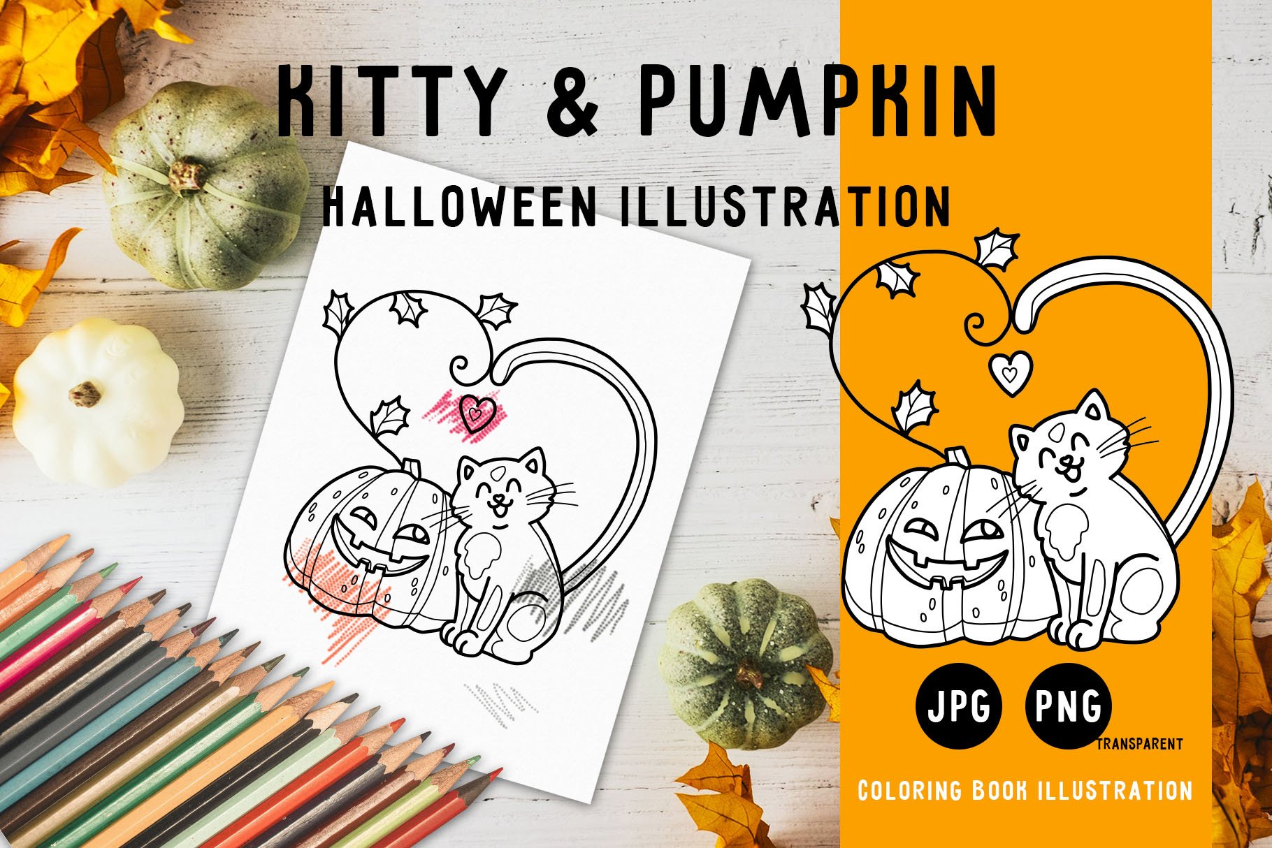Halloween cat art Kitty & Pumpkin coloring page (1568773)