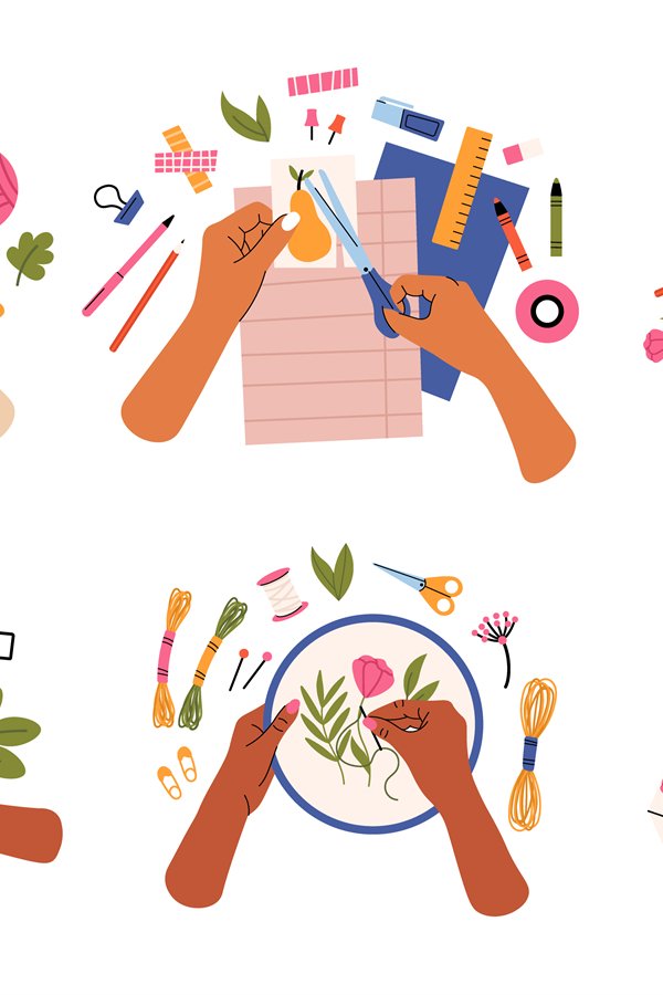 Handmade hobby, hands draw, knit and embroider, creative cra