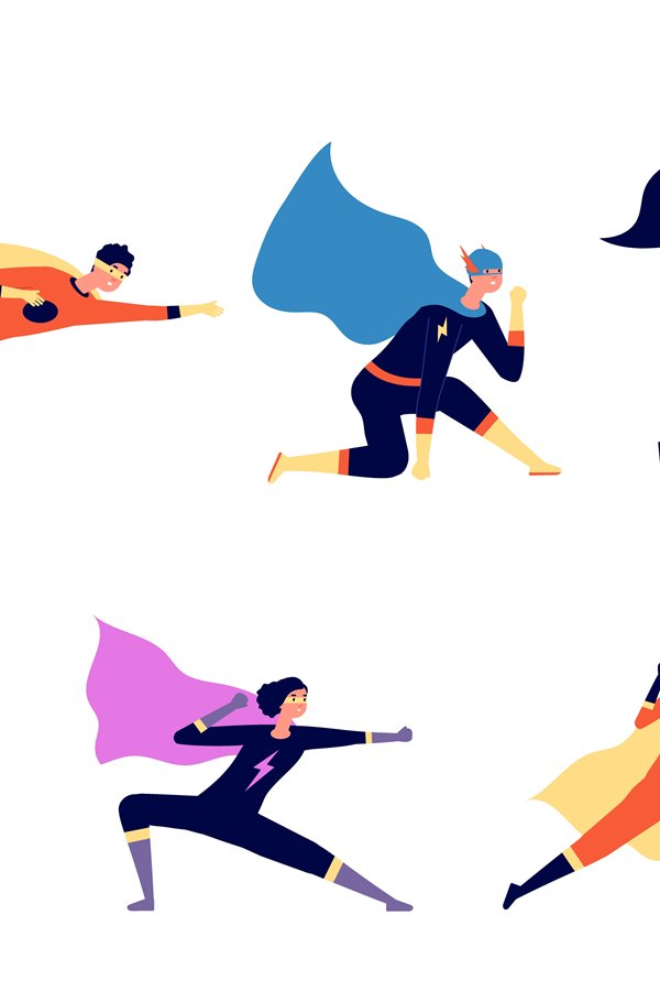 Superhero characters. Active hero, flying man woman in actio