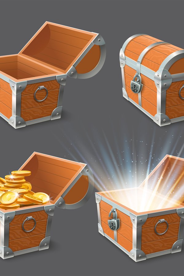 Wooden chest. Treasure coffer, old shiny gold case and lock