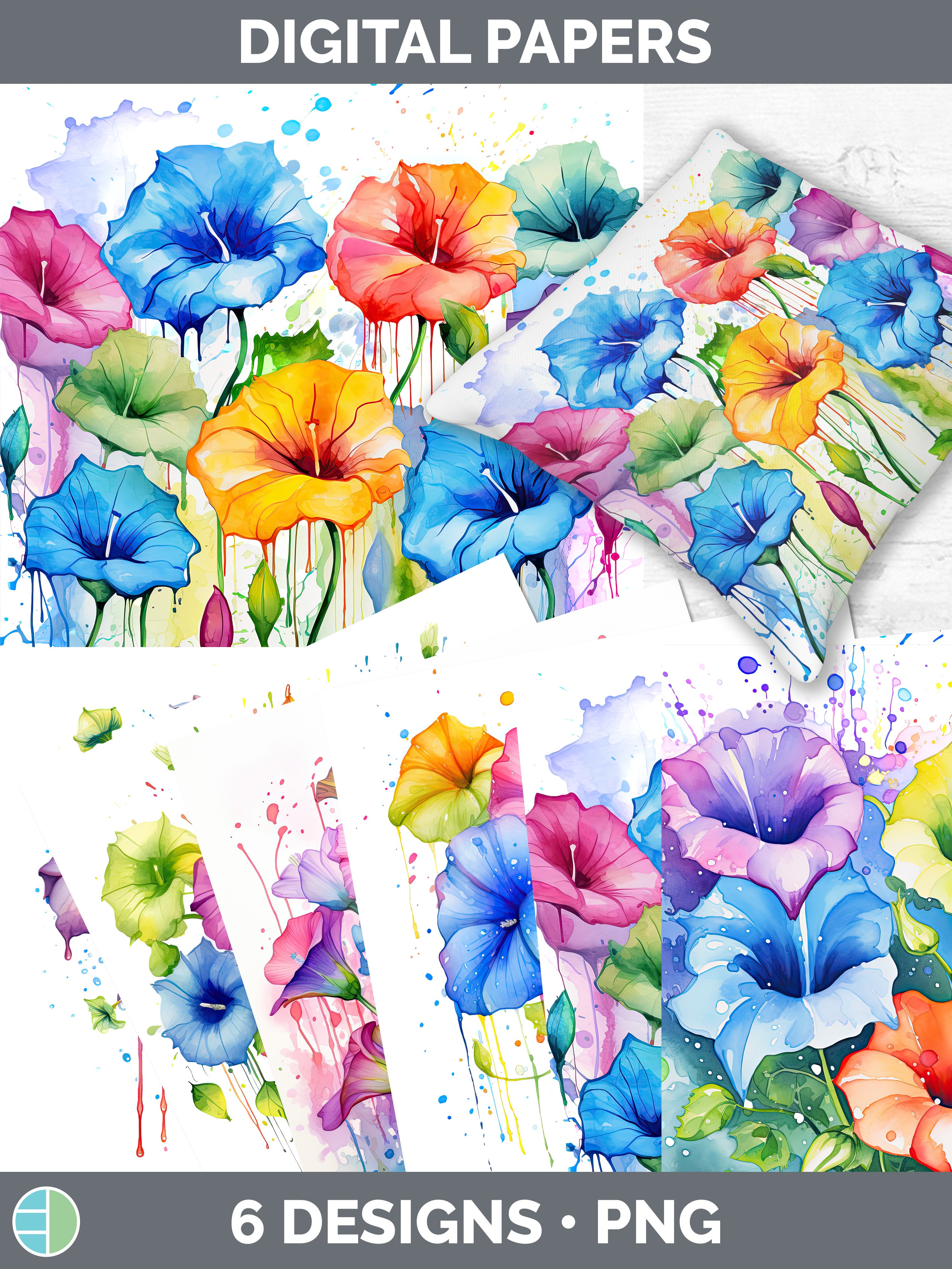 Splat Rainbow Morning Glory Flowers Paper Backgrounds | Digi