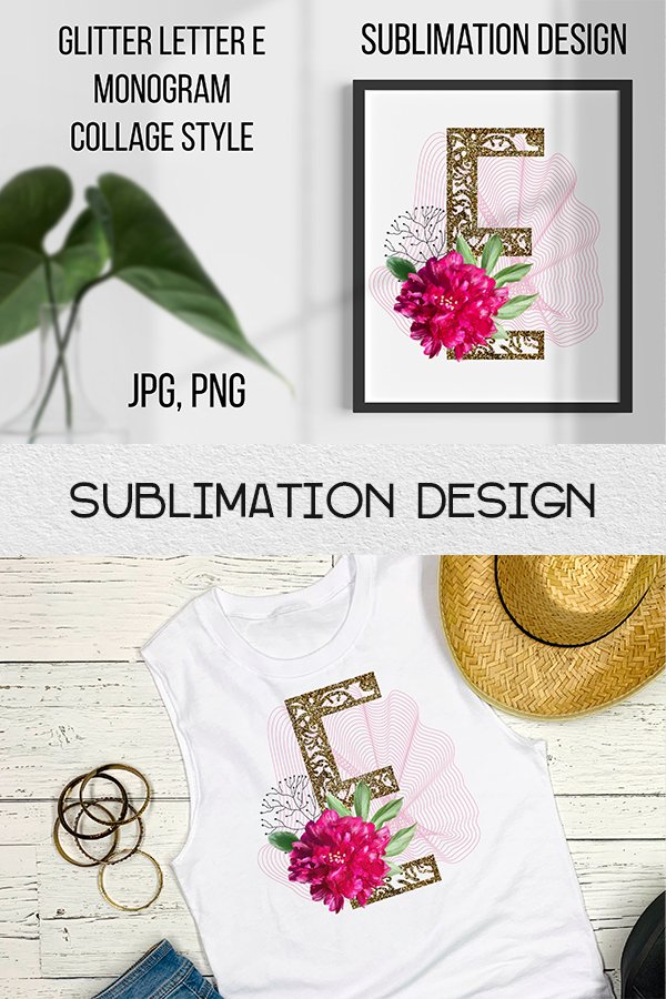 Gold lase letter E, Monogram collage, Sublimation design