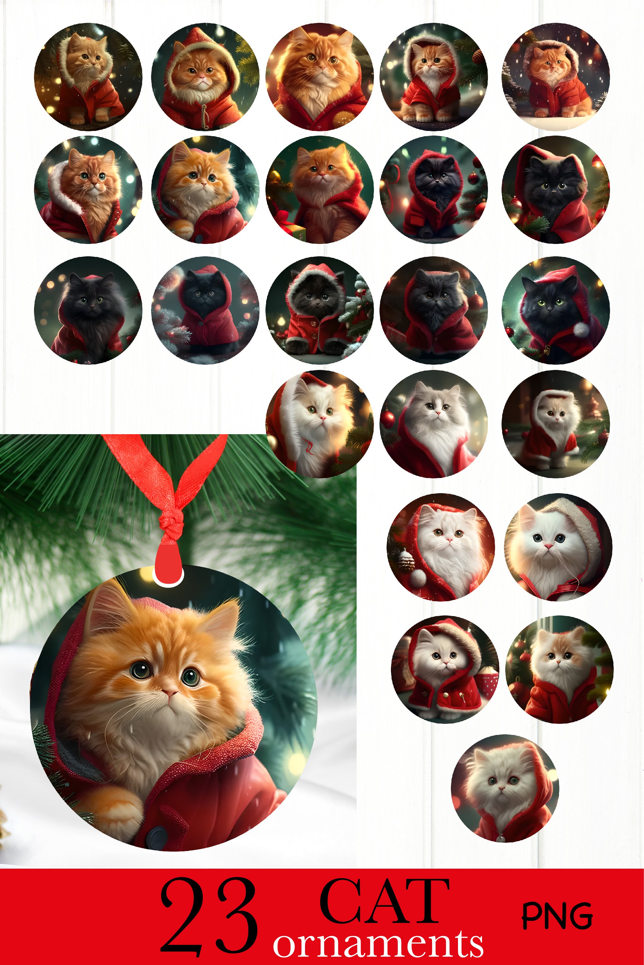 3D Cat Christmas Ornament Bundle. Cat Ornament PNG