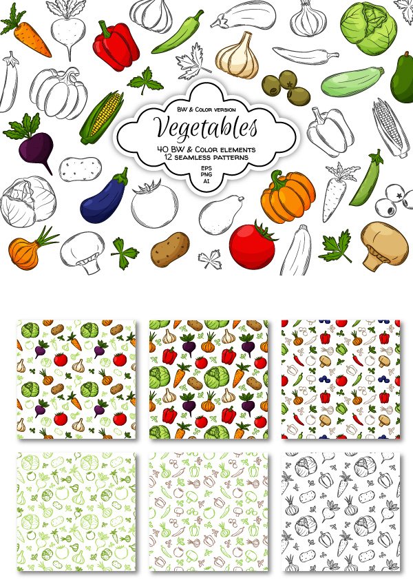 Vegetables. Patterns & Elements. Color and Outline