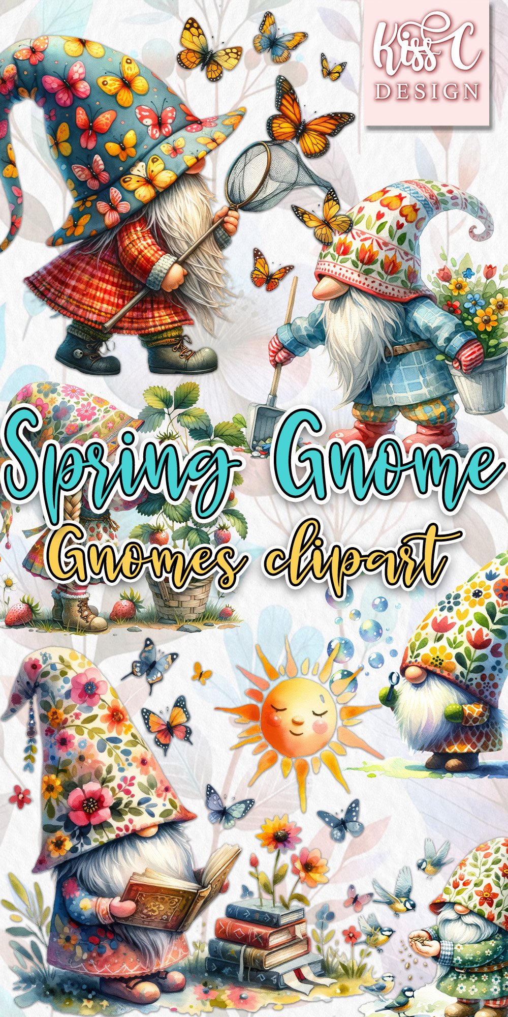 Watercolor Happy Spring Gnomes Clipart. Gnome Spring Season.