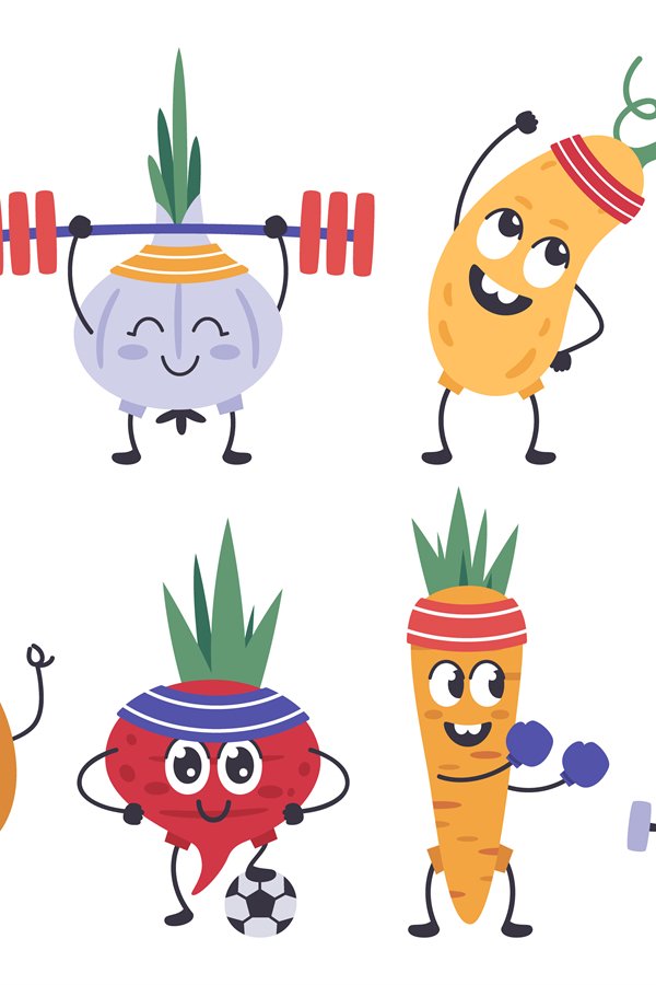 Vegetables fitness. Funny doodle veggies in exercises