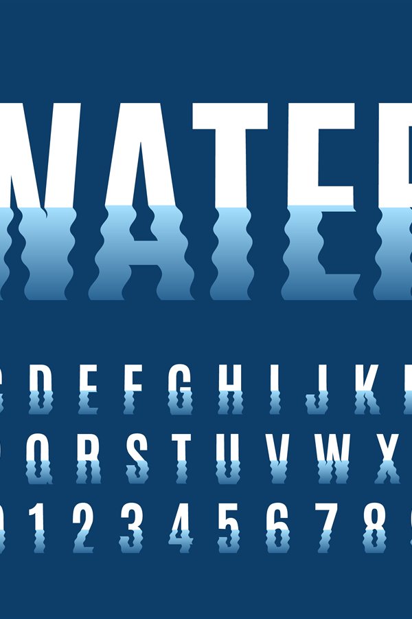 Waves font. Ripple water reflexes english alphabet, wavelike