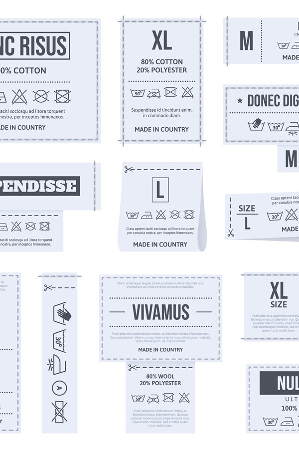 Laundry clothes care labels, textile care instruction symbol