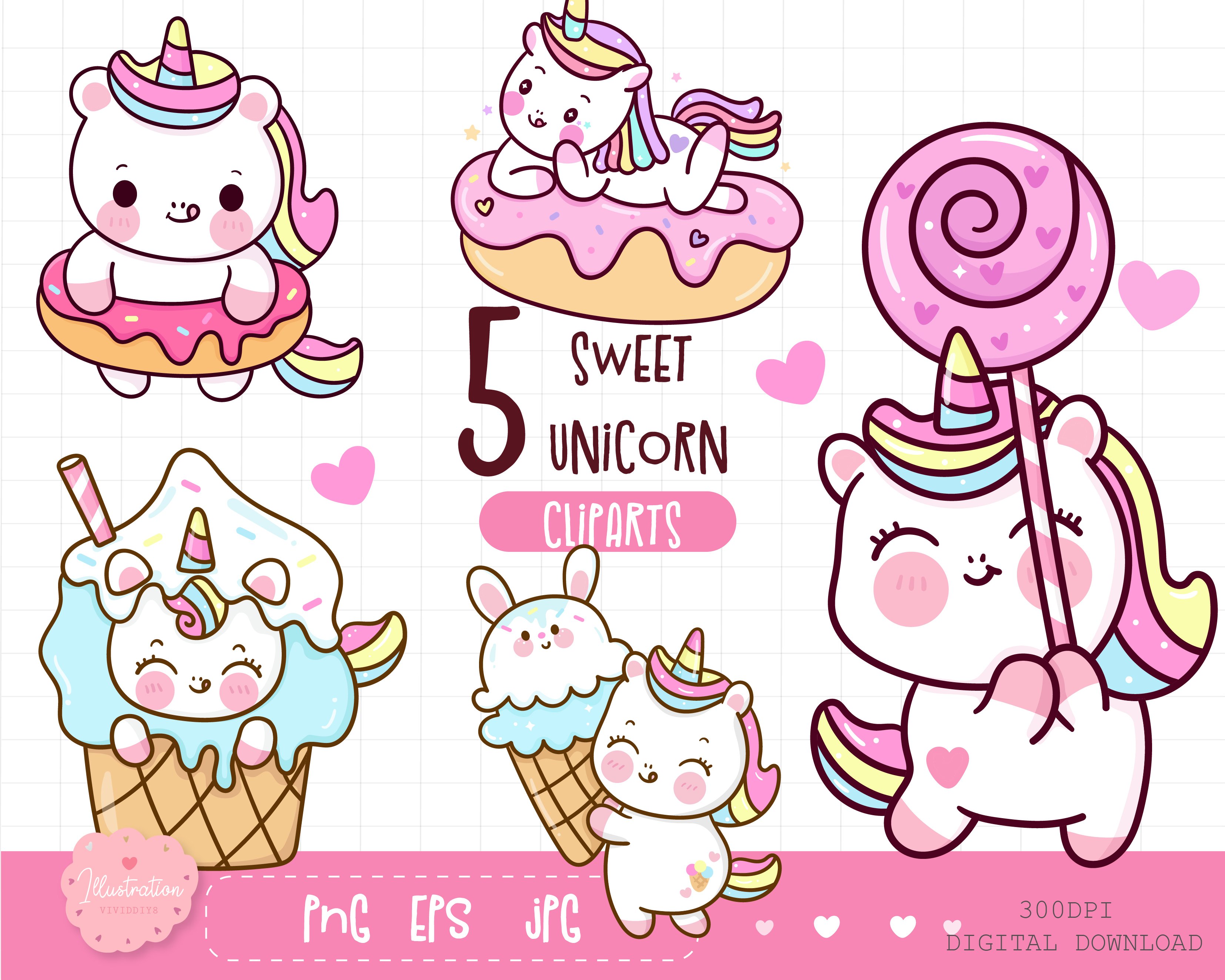 Cute unicorn clipart kawaii stickers animal png illustration