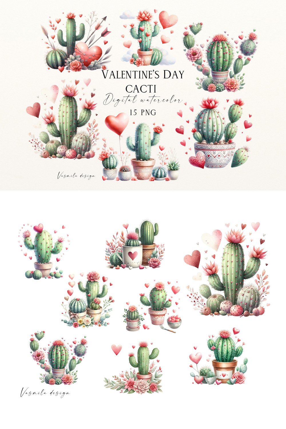Valentine's Day Lovely Cacti PNG, Flower Cacti with Hearts