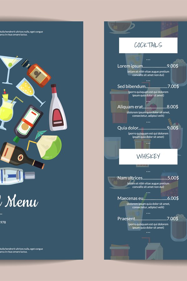 Vector menu template with alcoholic drinks in glasses and bo